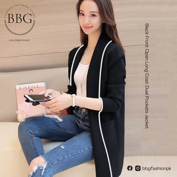 Black Front Open Long Coat Dual Pockets Jacket – BBG FASHION CLOTHING STORE
